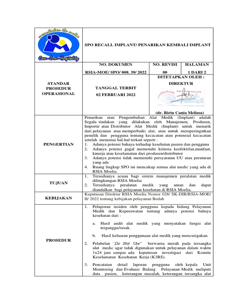 Prosedur Recall Implant RSIA Moelia | PDF | Sains & Matematika