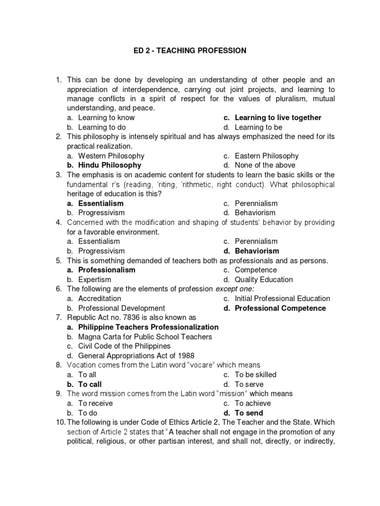 Ed 2 The Teacher Profession Q | PDF | Teachers | Learning
