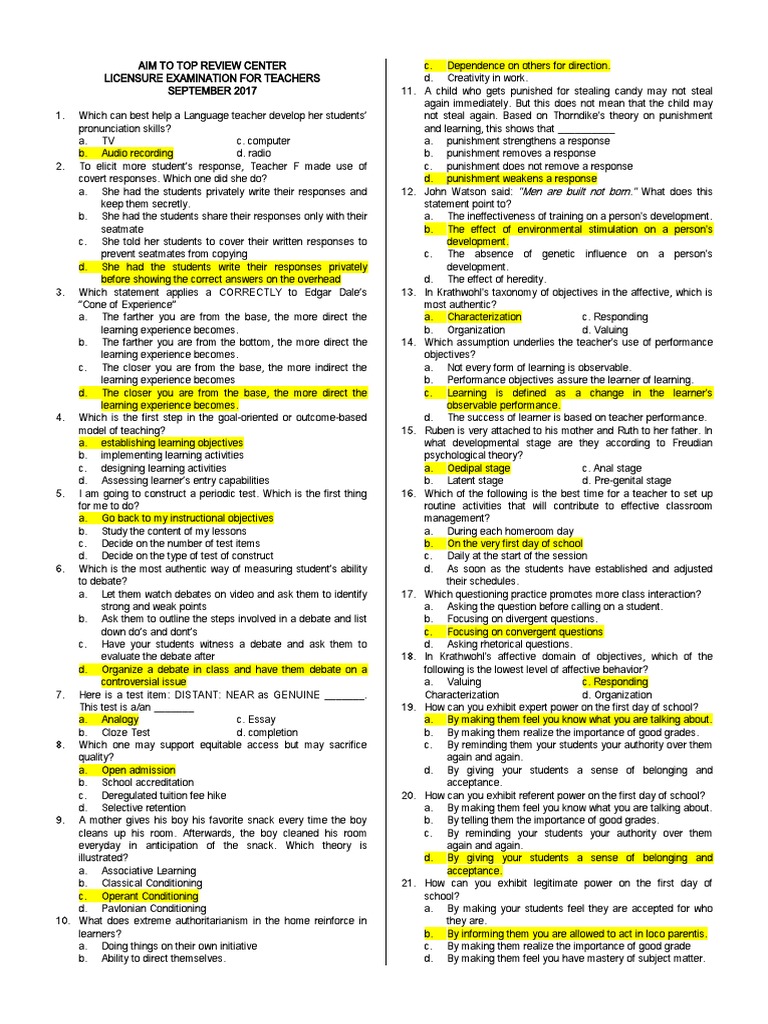 Profed Answer Key 1 | PDF | Learning | Teachers