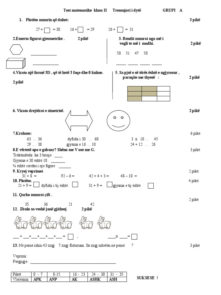 Test Mat. Klasa II Tremujori I Dyte GR. A B | PDF