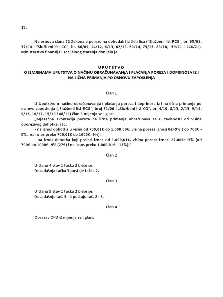 Uputstvo o Izmjenama Uputstva o Načinu Obračunavanja I Plaćanja Poreza ...