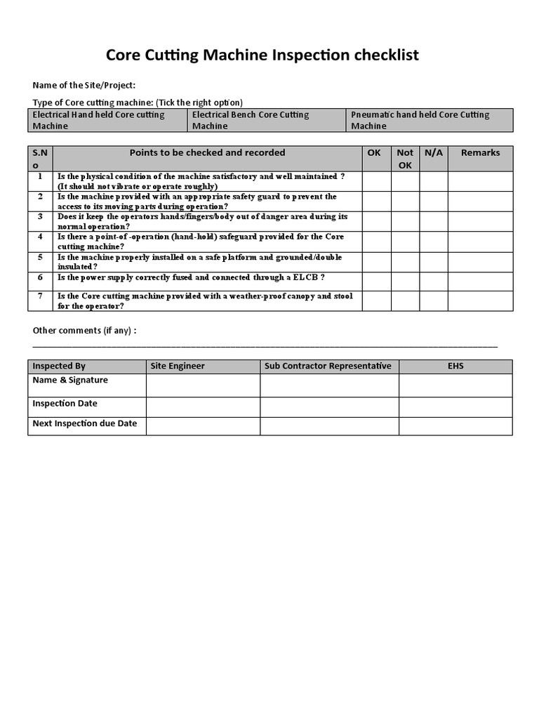Core Cutting Machine Inspection Checklist | PDF | Technology & Engineering