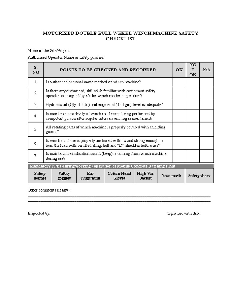 Motorized Bull Wheel Winch Safety Checklist | PDF