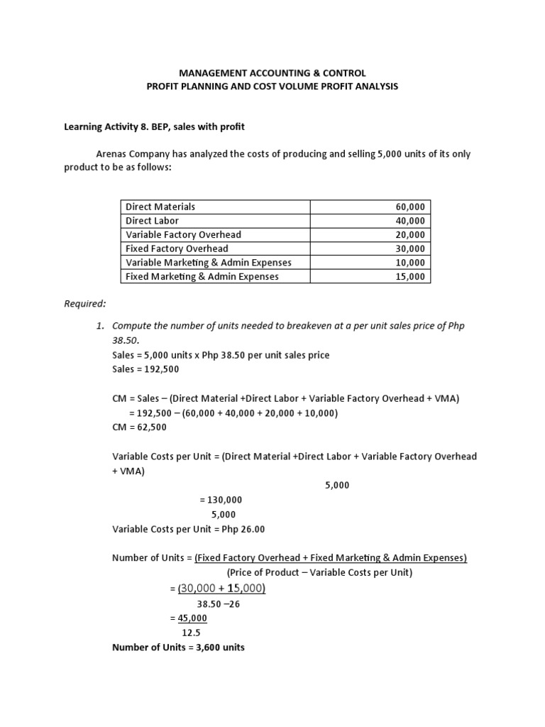 Determining Break-Even Point, Target Profit Sales Volume, and Sales ...