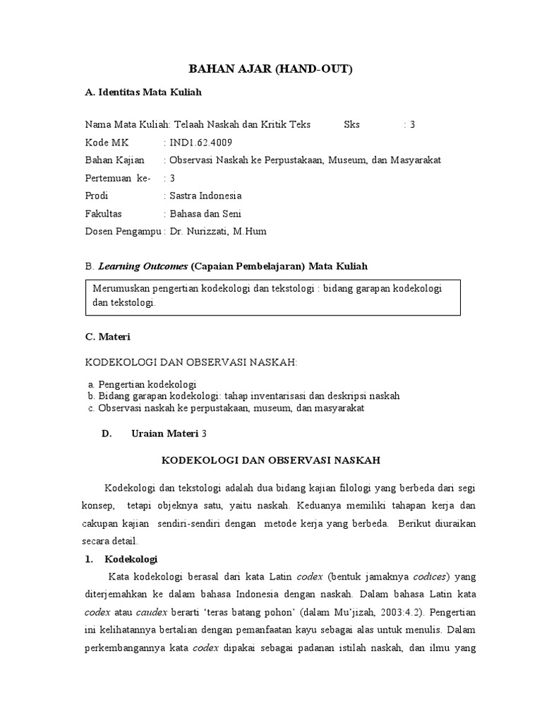 Bahan Ajar Pertemuan Naskah Kuno | PDF