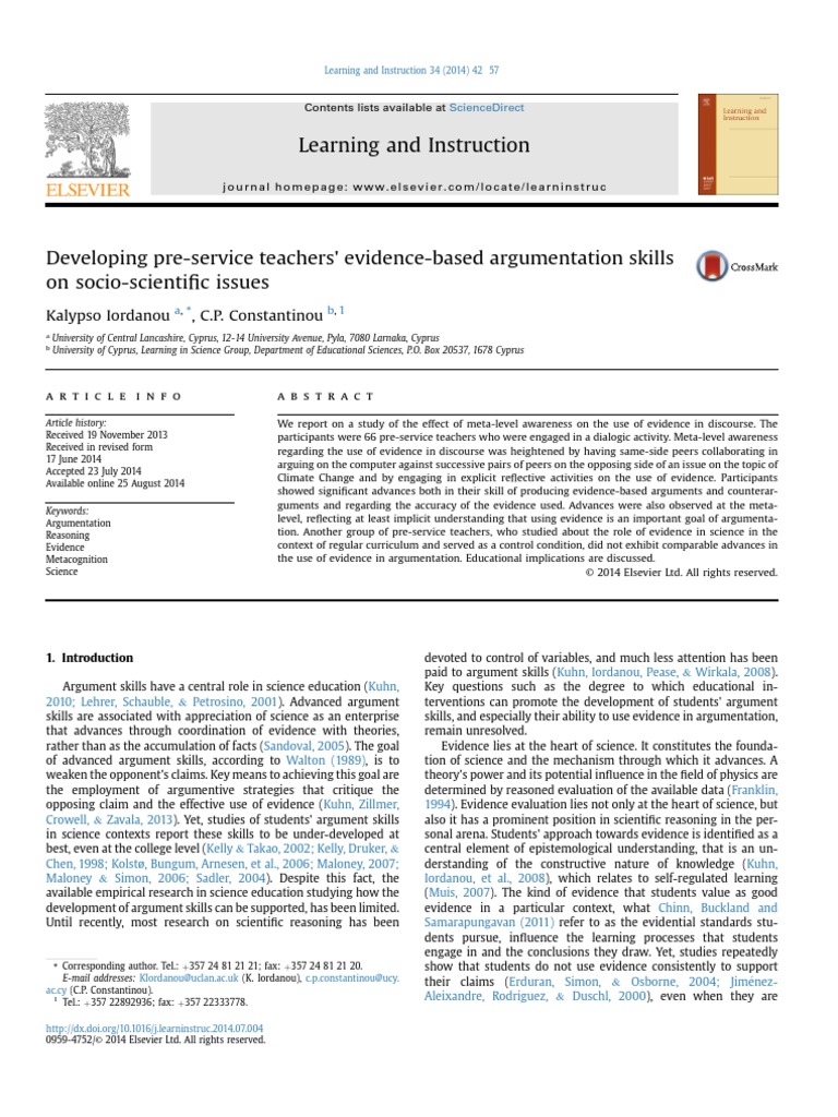 Developing Pre-Service Teachers' Evidence-Based Argumentation Skills | PDF | Argumentation ...