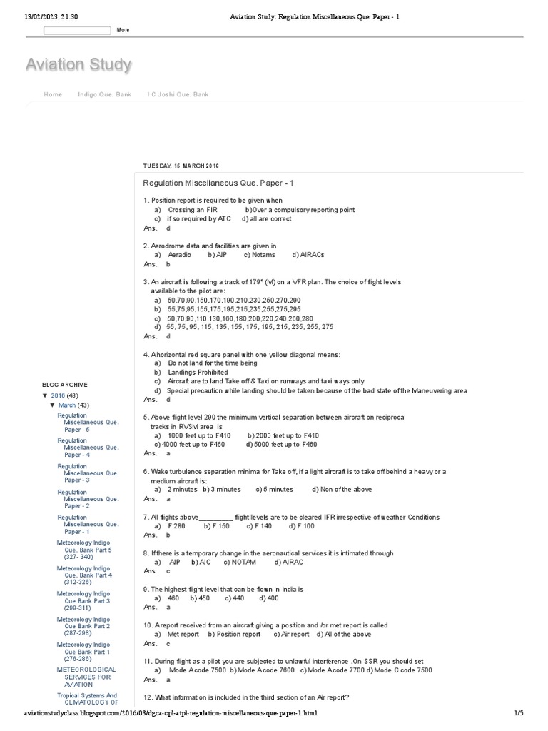 Aviation Study - Regulation Miscellaneous Que. Paper - 1 | PDF | Visual Flight Rules | Air ...