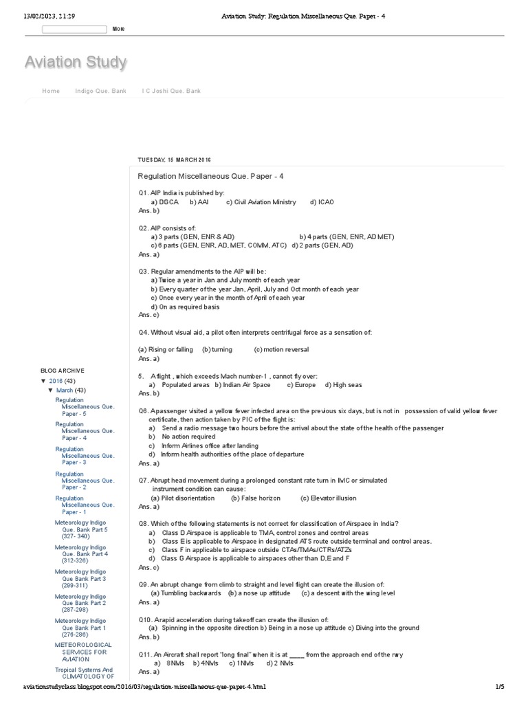 Aviation Study - Regulation Miscellaneous Que. Paper - 4 | PDF ...