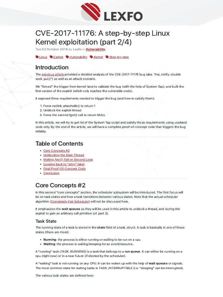 CVE 2017 11176 A Step by Step Linux Kernel Exploitation Part 2 | PDF | Scheduling (Computing ...