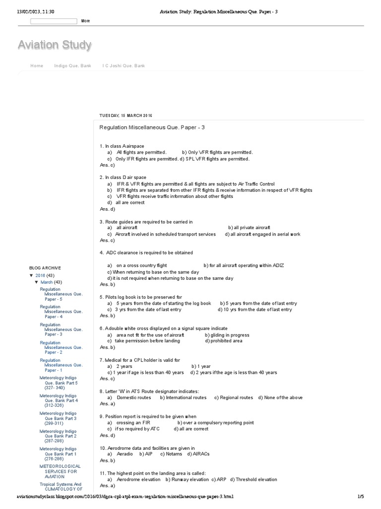 Aviation Study - Regulation Miscellaneous Que. Paper - 3 | Download Free PDF | Visual Flight ...