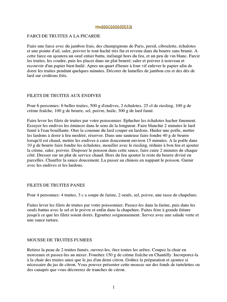 Recettes de Truites : Farci, Filets, Mousse et Plus | PDF | sauce | Soupe