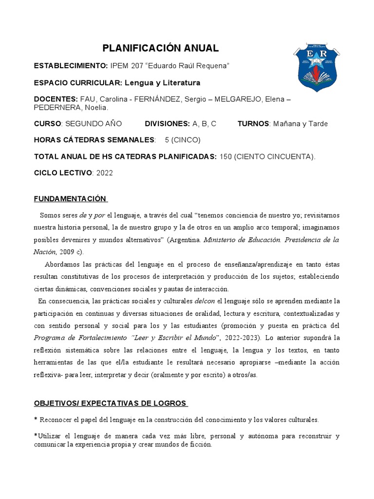 Plan Anual de Lengua y Literatura para 2do Año en el IPEM 207 "Eduardo ...