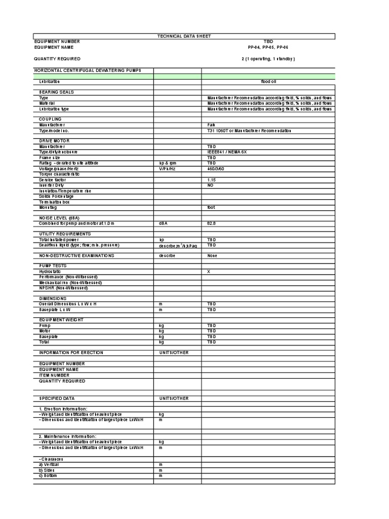 Horizontal Centrifugal Dewatering Pumps Technical Data Sheet | PDF | Pump | Electric Motor