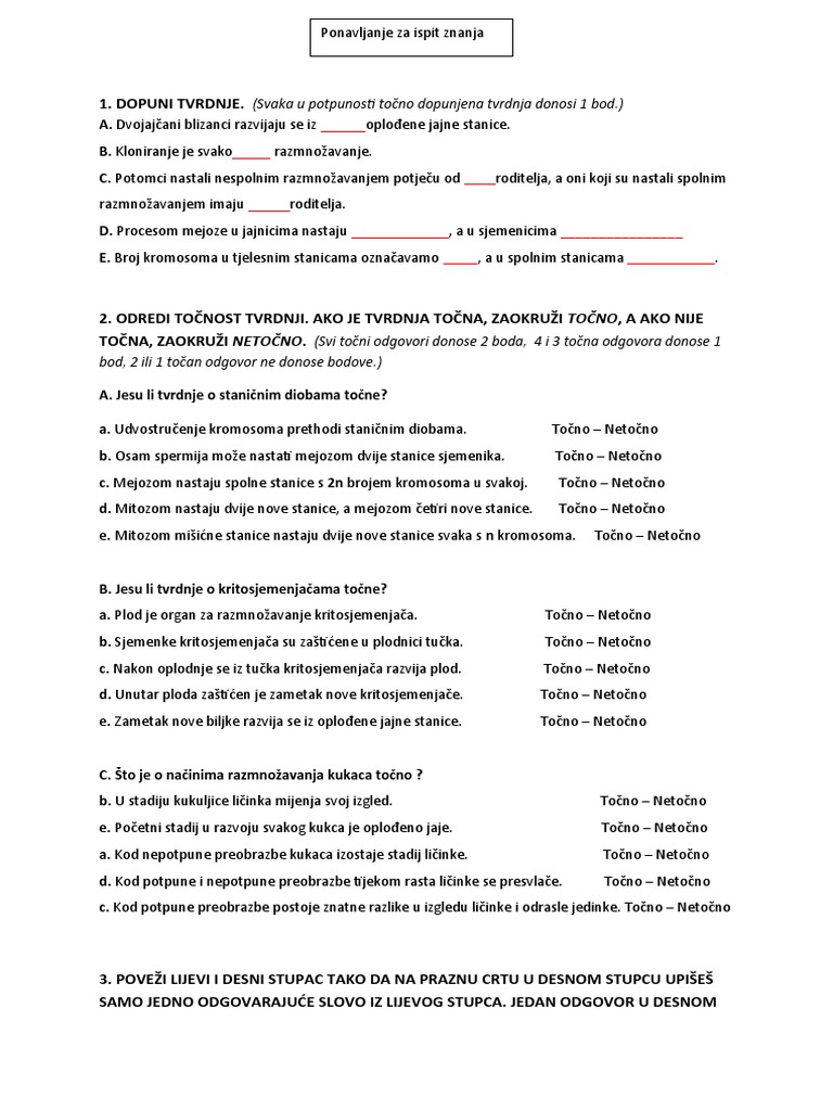 Pitanja Za Ponavljanje-Razmnožavanje | PDF