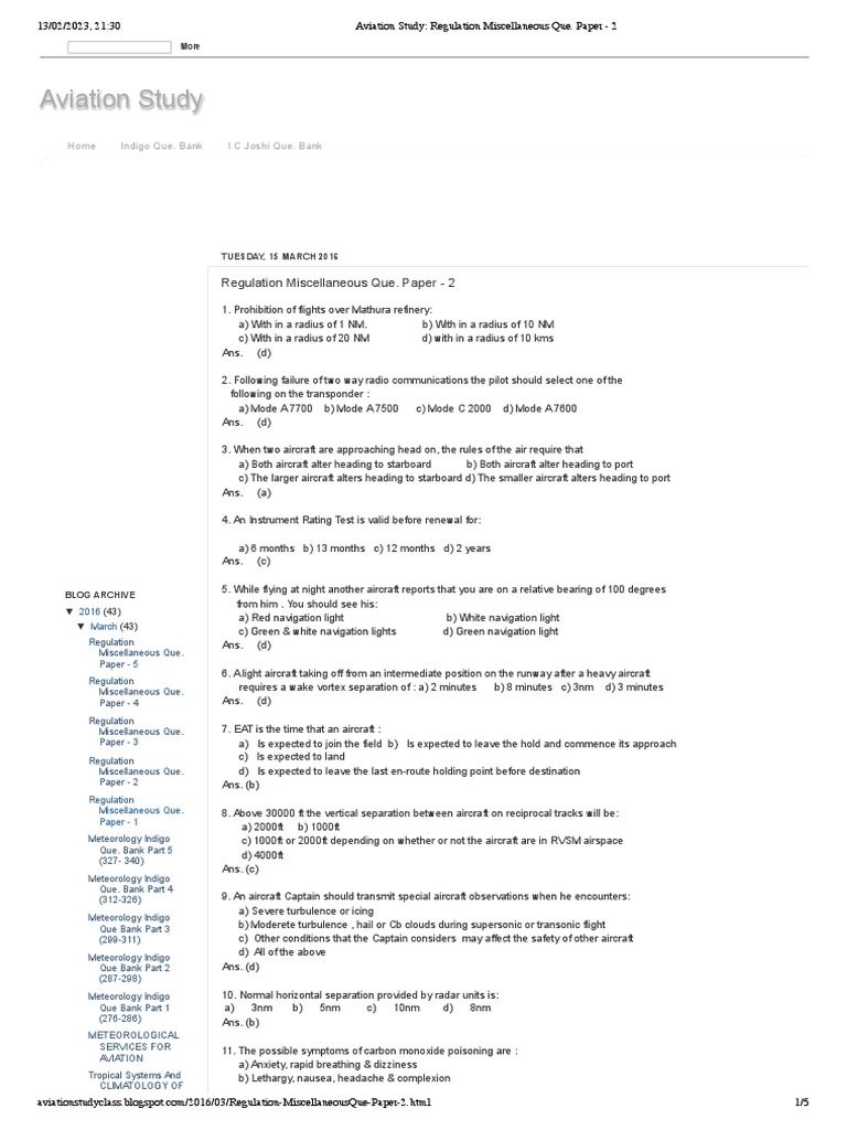 Aviation Study - Regulation Miscellaneous Que. Paper - 2 | PDF | Instrument Flight Rules ...