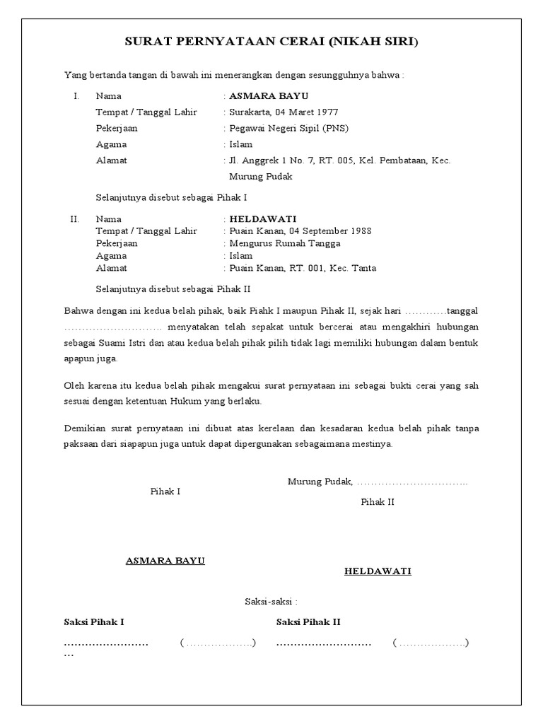 Surat Pernyataan Cerai 2 | PDF