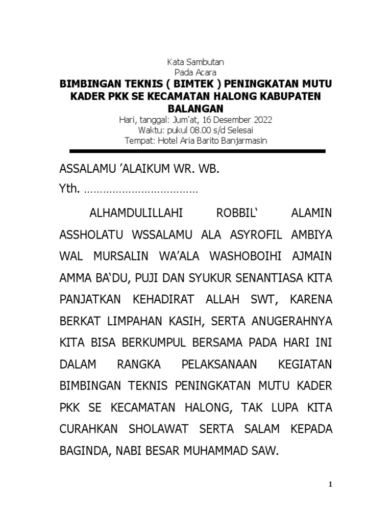 Sambutan Bimtek Kader PKK + Pantun | PDF | Ilmu Sosial