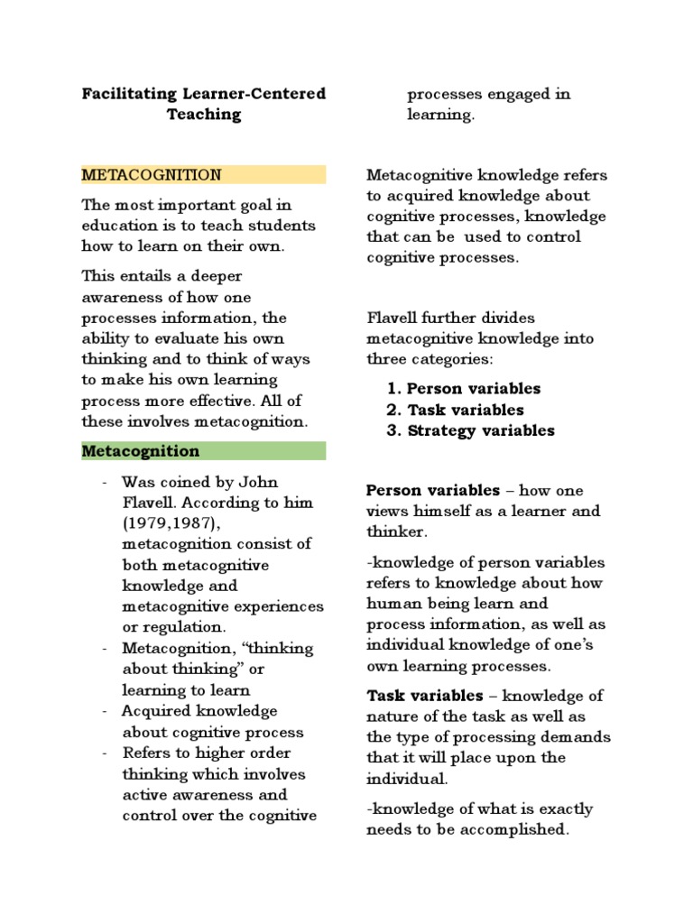 Facilitating Learner-Centered Teaching - METACOGNITION | PDF | Metacognition | Learning