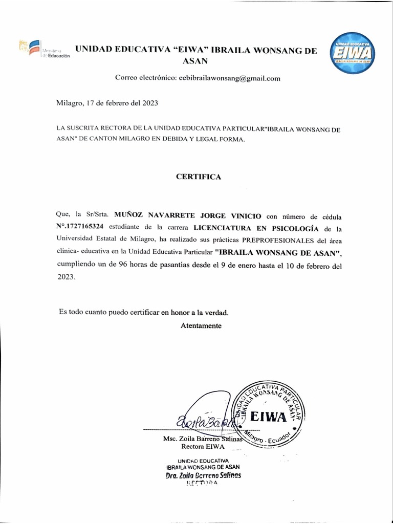 Certificado Final de Práctica (Debe Contener Fecha Inicio, Fecha Fin y ...