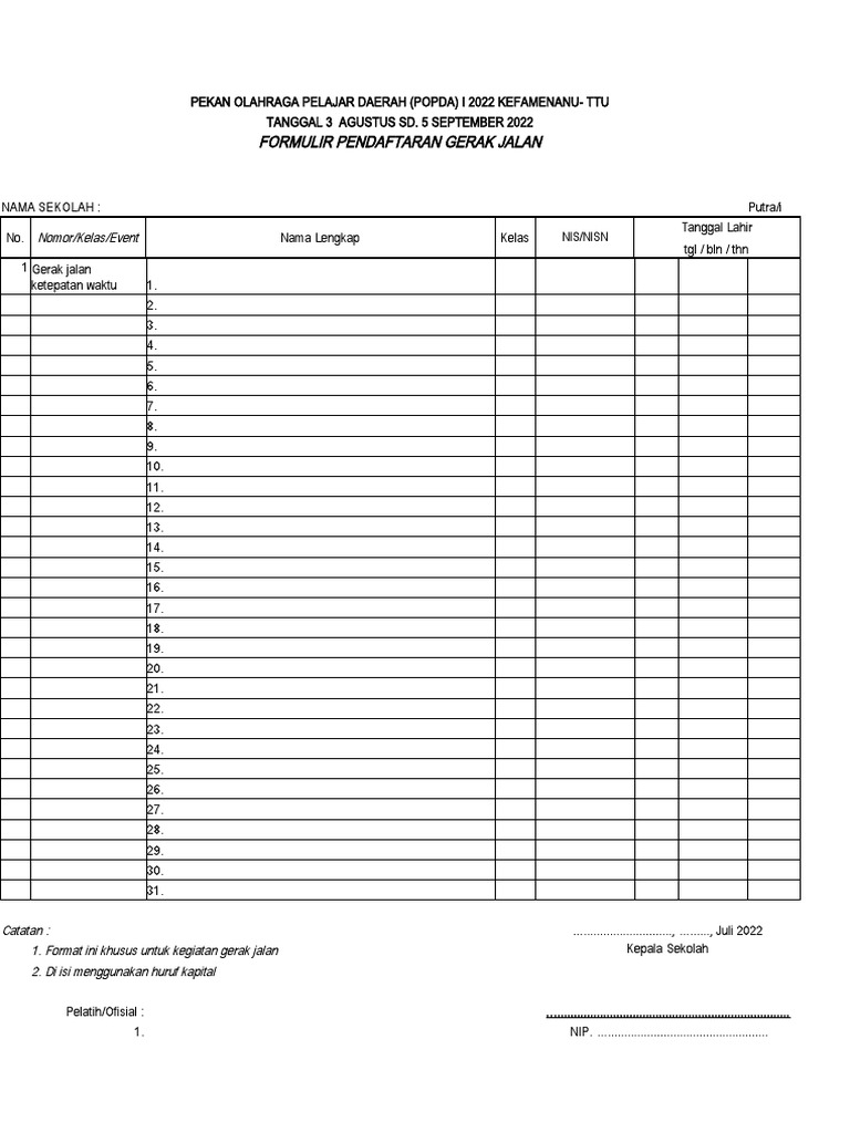 Form Pendaftaran Atletik Dan Gerak Jalan | PDF