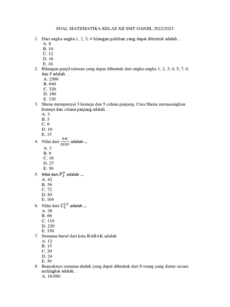 SOAL MATEMATIKA KELAS XII SMT GANJIL 2022 (1) PDF | PDF