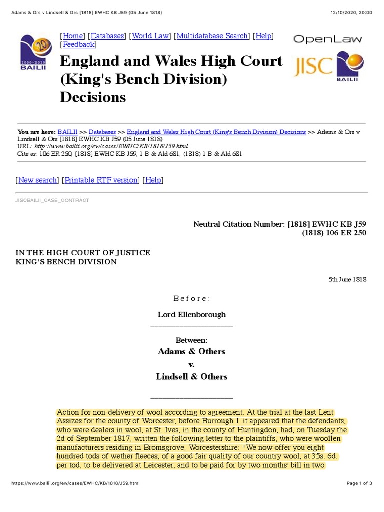 Adams Ors V Lindsell Ors (1818) EWHC KB J59 (05 June 1818) | PDF ...
