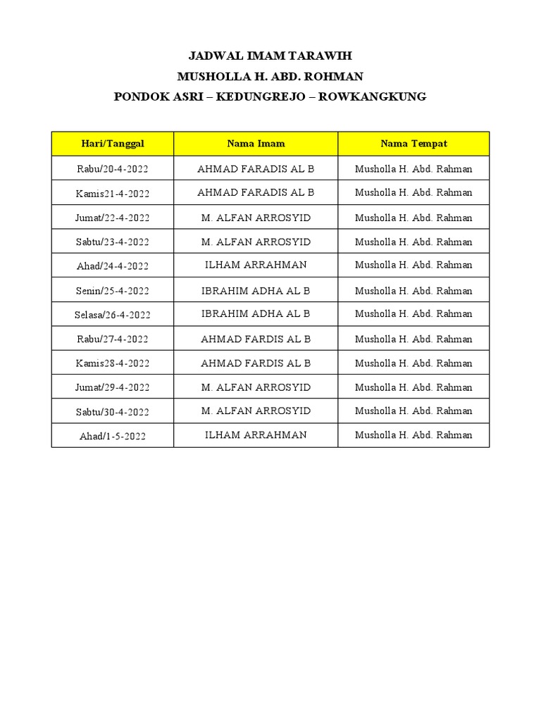 Jadwal Imam Tarawih | PDF