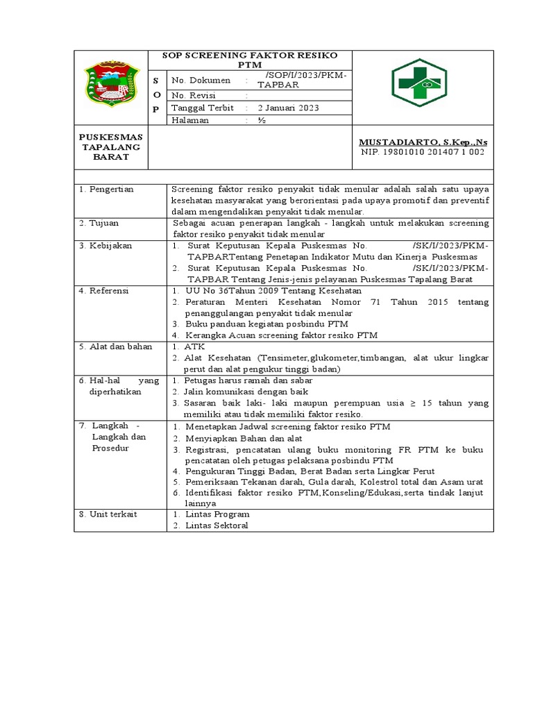 Sop Screening Faktor Resiko PTM | PDF