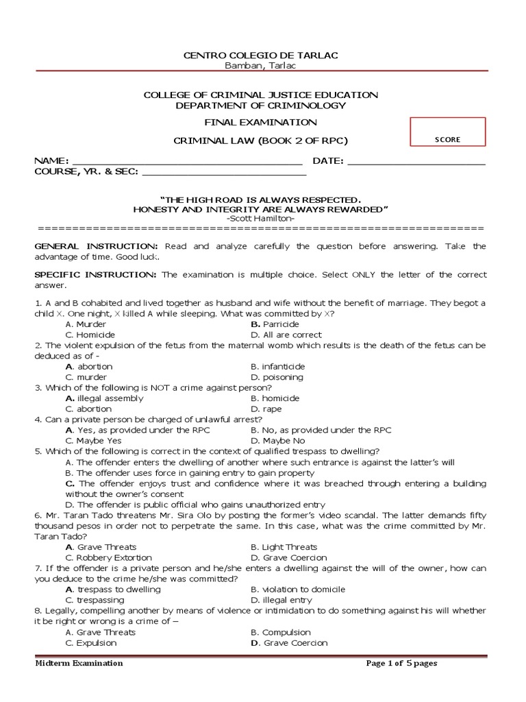 CGD Final Exam Crim Law Book 2 RPC | PDF | Social Science