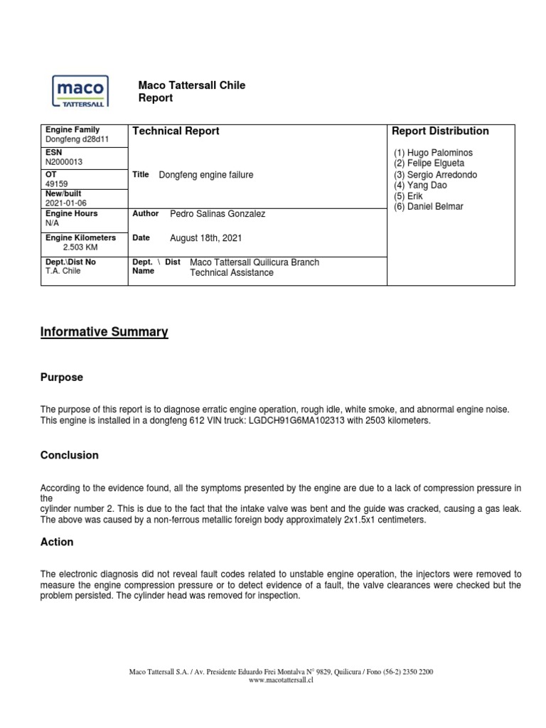Dongfeng Engine Failure Report | PDF | Engines | Cylinder (Engine)