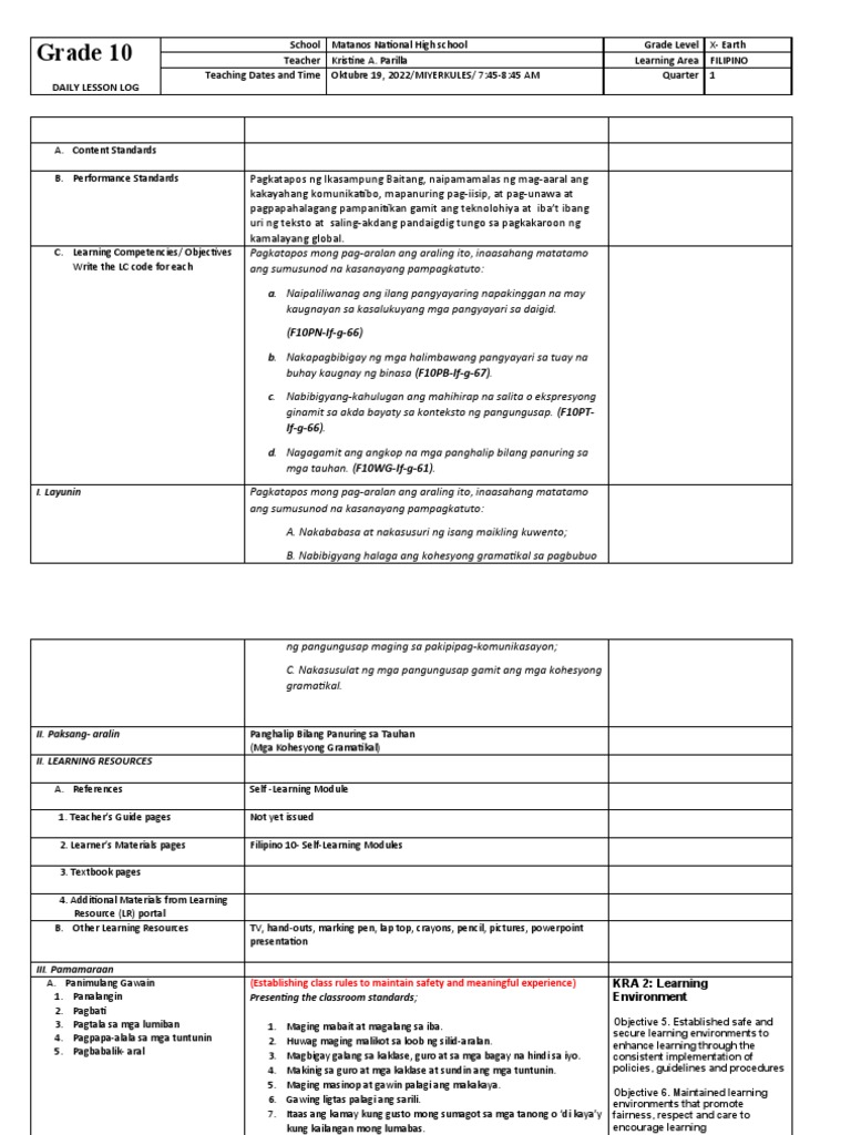 Banghay Aralin-Filipino-10-Q1-2022 | PDF