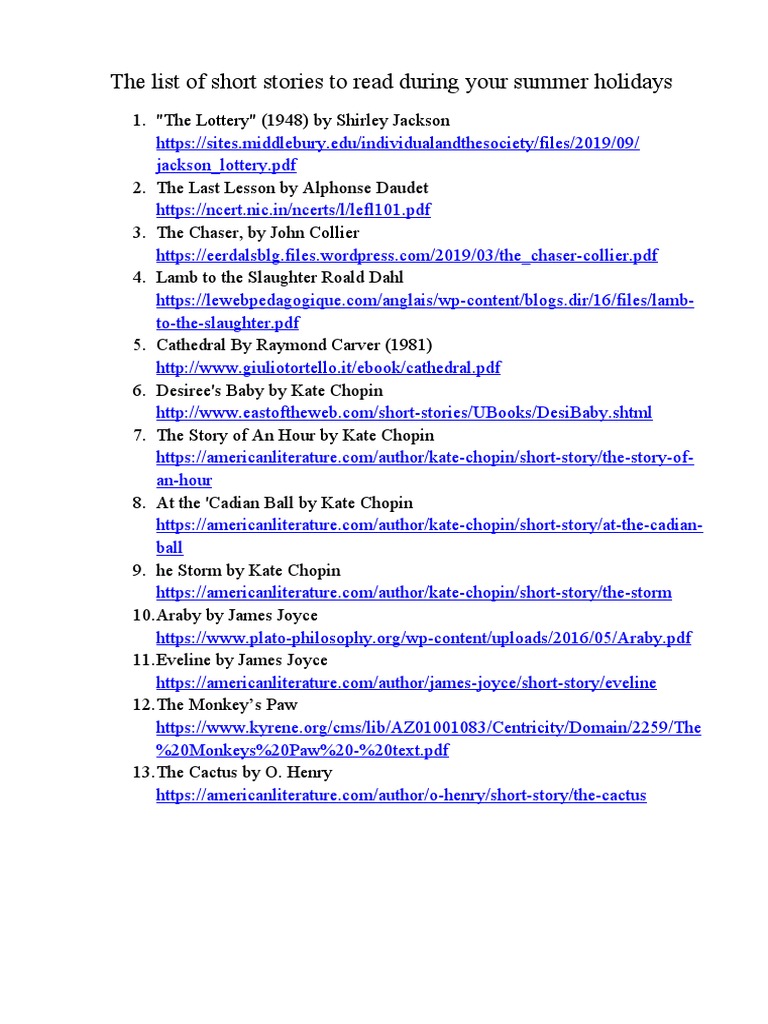 The List of Short Stories | PDF | Young Adult