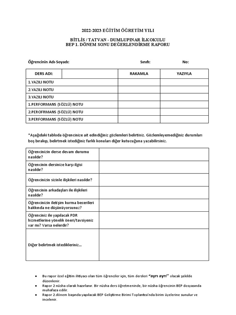 Bep 1.donem Sonu Degerlendirme Raporu | PDF