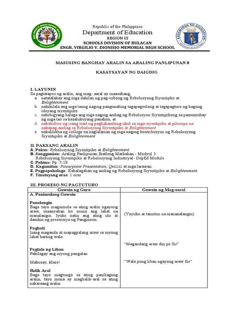 Lesson Plan - Rebolusyong Siyentipiko | PDF