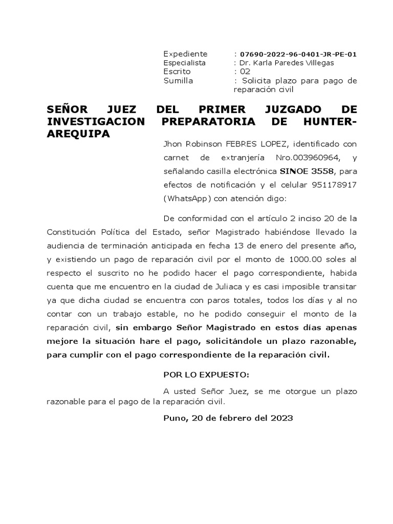 Solicitud de plazo para pago civil | PDF | Derecho