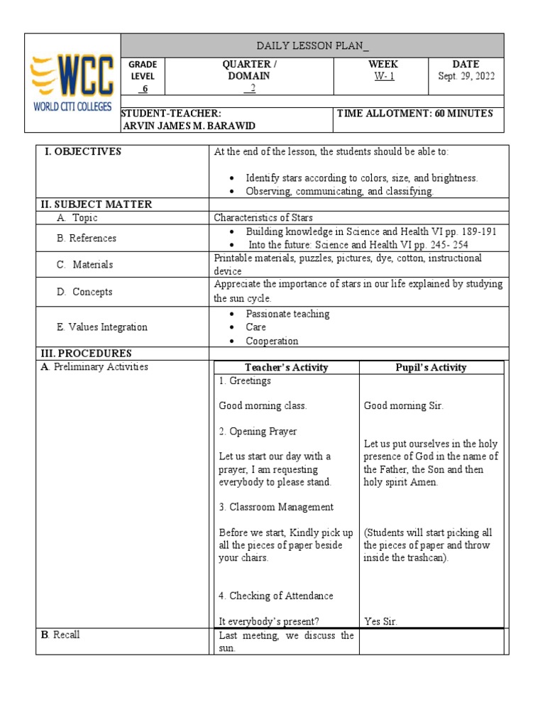 Lesson Plan in Science | PDF | Stars | Sun