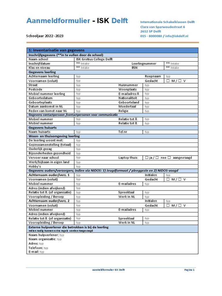 Aanmeldformulier ISK Delft Digitaal 2022-2023-1 | PDF