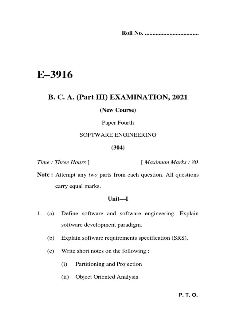 Bca Part 3 Software Engineering e 3916 2021 | PDF