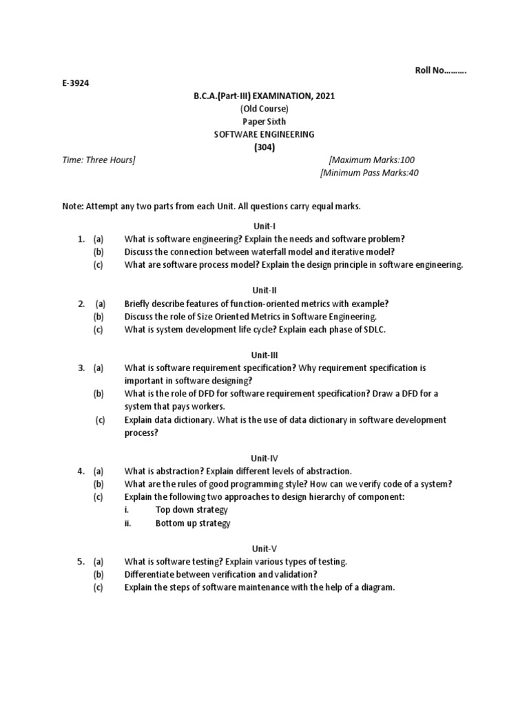 BCA Software Engineering Exam | PDF