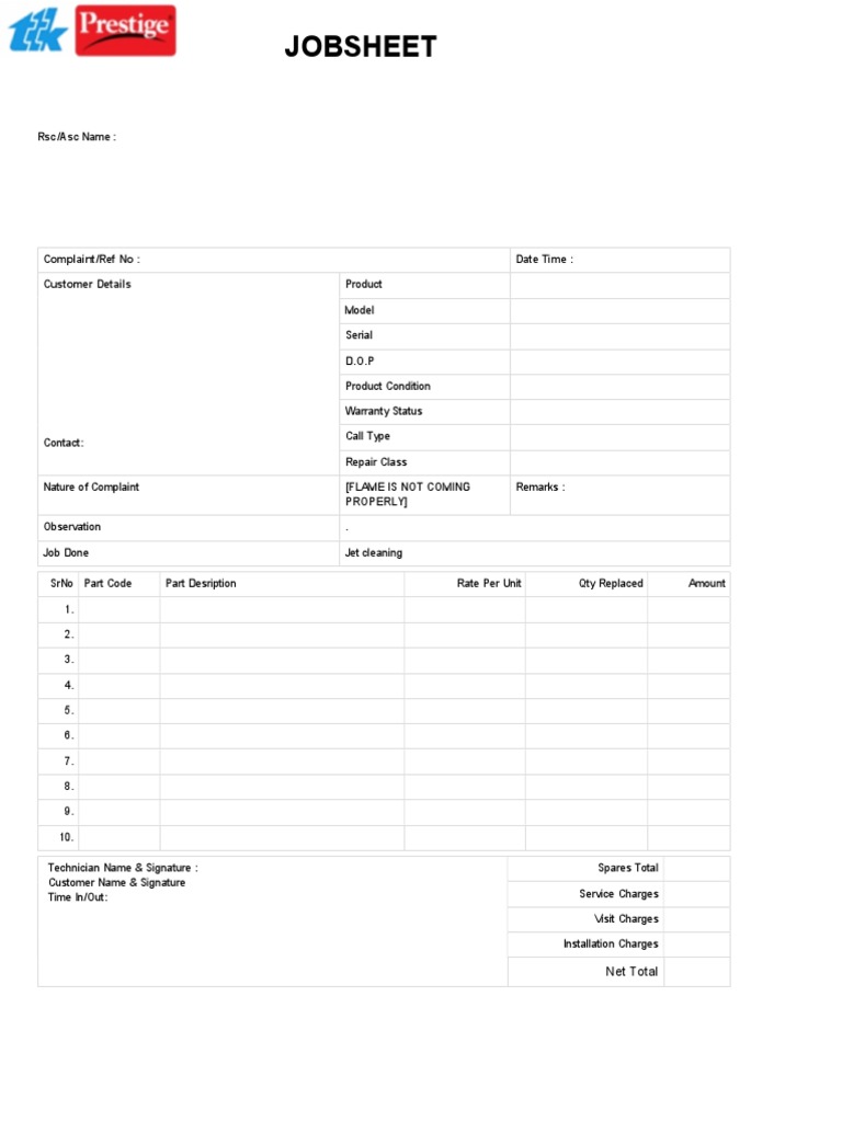 Job Sheet Template for Service Centers | PDF