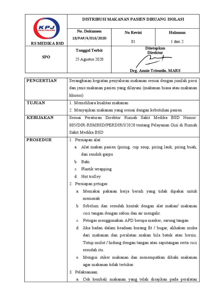 SPO Distribusi Makanan Pasien Di Ruang Isolasi.1 | PDF