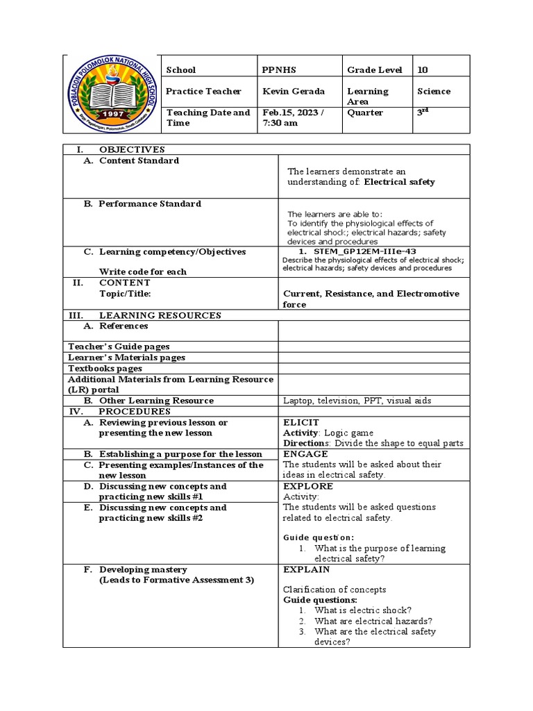 Electrical Safety Lesson Plan for Grade 10 | PDF | Learning | Teachers