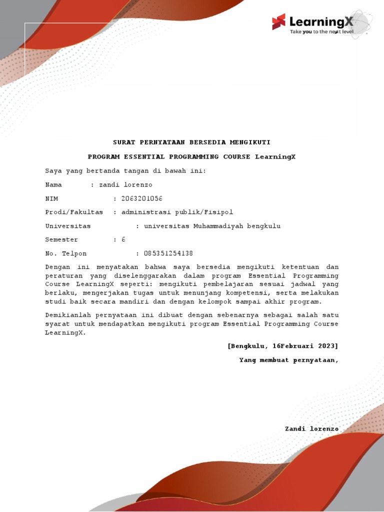 Surat Pernyataan Bersedia Mengikuti Program Essential Programming Course Learningx | PDF