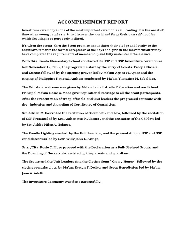 Narrative Report BSP Investiture | PDF