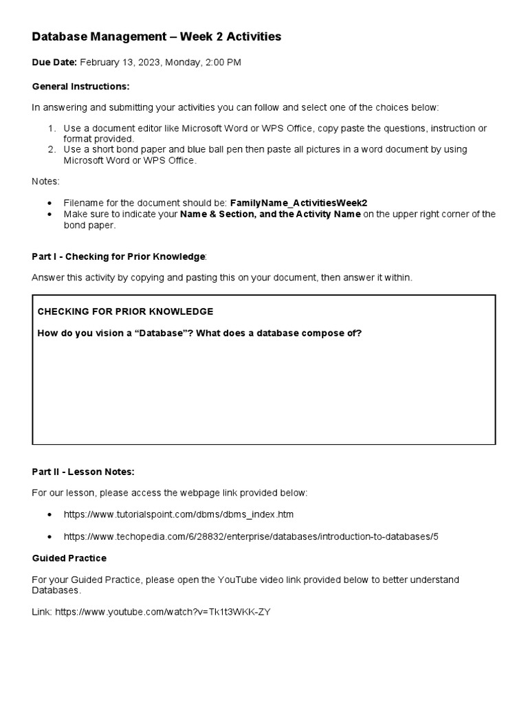 DBMS Activities - Week 2 | PDF