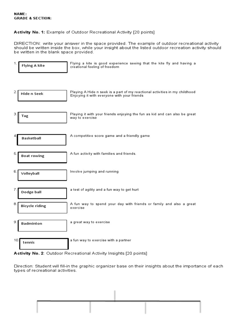 Pe 4 - Lesson 1 - Activity 1 & 2 - Recreational Activity (Prelim) | PDF
