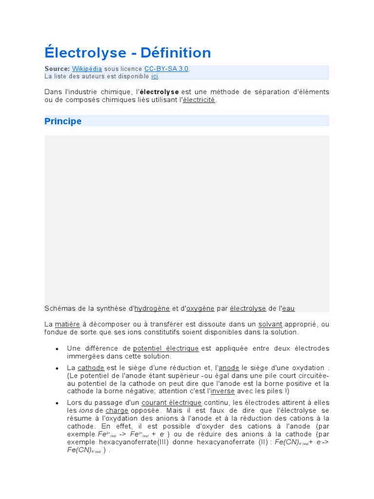 Définition et principe de l'électrolyse | PDF | Chimie | Sciences physiques