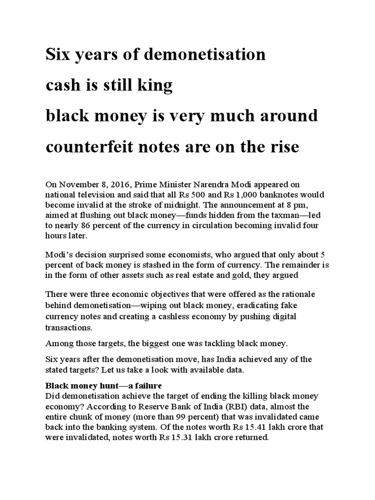 Six Years of Demonetisation | PDF | Indian Black Money | Money
