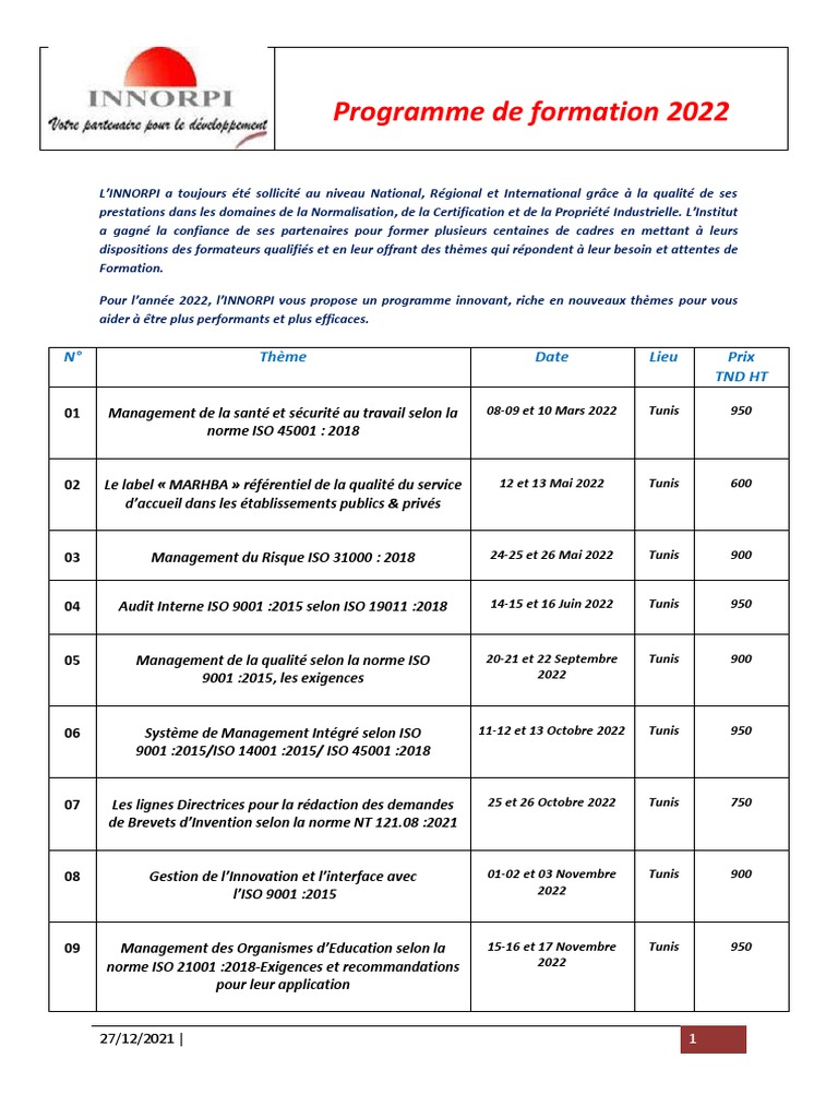 Programme de formation INNORPI 2022 | PDF