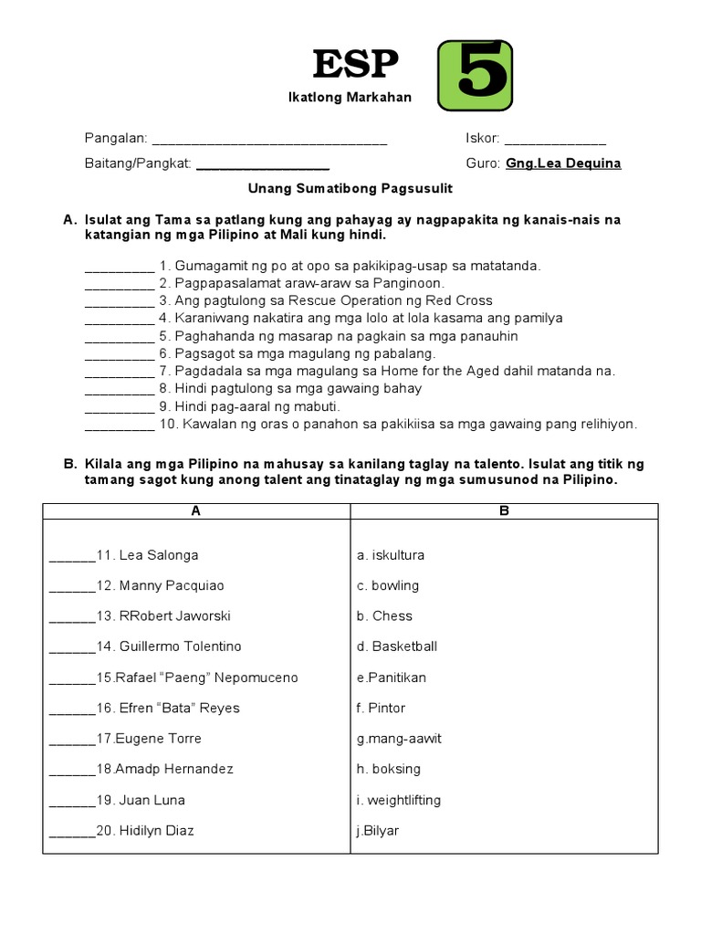EsP 5 Summative Test 1 Q3 | PDF